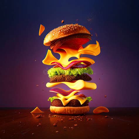 Separated Ingredients Of Cheeseburger In Dynamic View Generative Ai