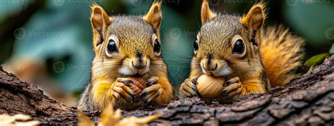 Two Squirrels Are Eating An Acorn On A Tree Branch The Squirrels Are
