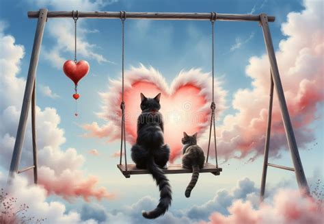 Cats In Love On A Swing Among The Clouds In The Sky Looking At A Heart From A Cloud Stock