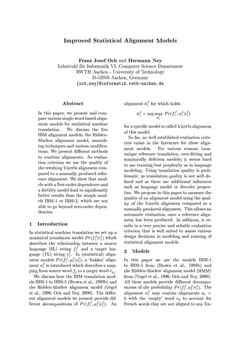 Pdf Improved Statistical Alignment Models