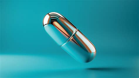 Closeup Of Floating Reflective Chrome Pill On Blue Background Premium