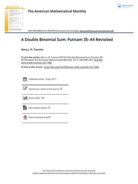 A Double Binomial Sum Putnam 35 A4 Revisited Pdf Probability Theory