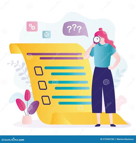Woman Examines To Do List With Magnifying Glass Female Character Starts To Do Tasks From List