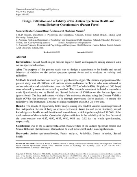 Pdf Design Validation And Reliability Of The Autism Spectrum Health And Sexual Behavior