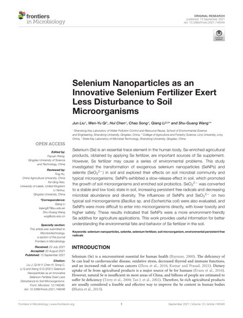 (PDF) Selenium Nanoparticles as an Innovative Selenium Fertilizer Exert Less Disturbance to Soil ...