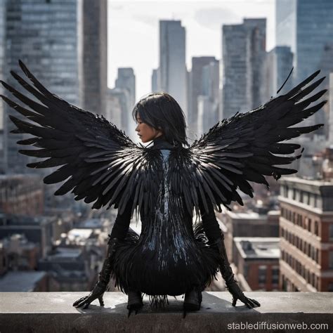Black Feathered Bird Woman On City Pillar Stable Diffusion Online