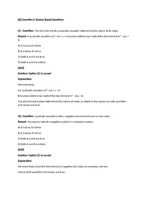 Assertion And Reason Questions Topic 2 Chapter 5 B Assertion And Reason