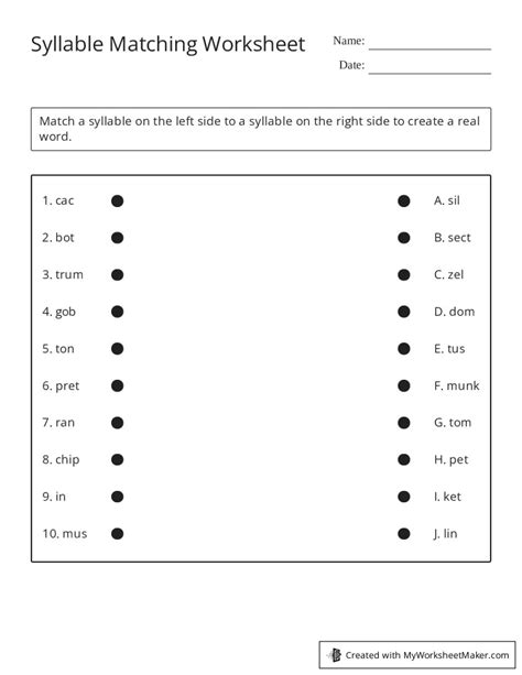 Syllable Matching Worksheet My Worksheet Maker Create Your Own