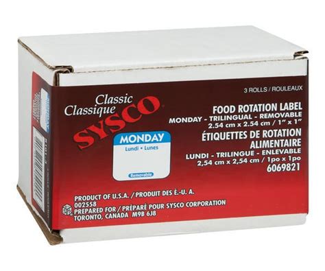 Sysco Classic Label Daily Monday Removable 3case Rolls