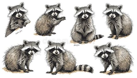 A Group Of Raccoons In Various Poses On A White Background Stock