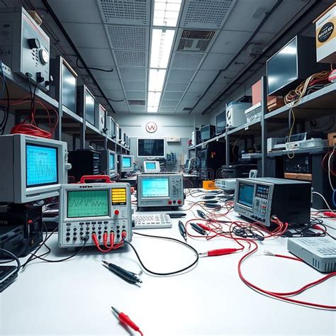 Wide Angle Shot Of A High Tech Electronics Lab With Oscilloscopes Multimeters And Other