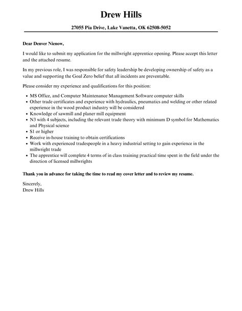Millwright Apprentice Cover Letter Velvet Jobs