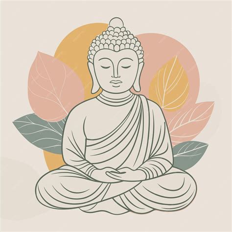 Un Dibujo De Un Buda Con Hojas Y Una Imagen De Un Buda Vector Premium
