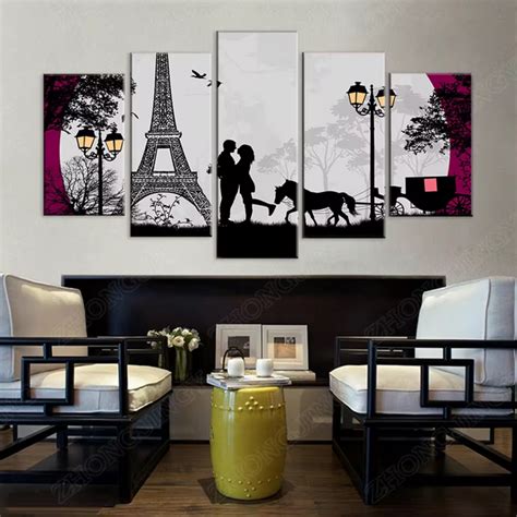 Paris France Eiffel Tower Moon Romantic Couple 5 Piece Canvas Wall Art