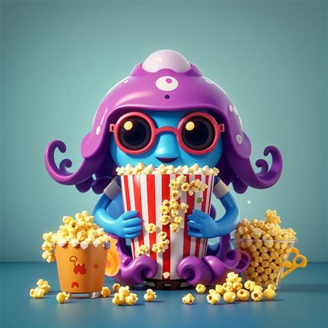 Premium Photo Cute Squid Watching Movie With Popcorn And Drink