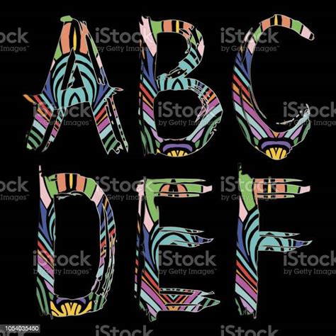 글꼴 인쇄 술 벡터 일러스트입니다 그런 지 낙서 세트 Abc 줄무늬 다채로운 편지 A B C D E F 다 색 추상적인 벡터 알파벳 글자 그림 현대적인 디자인입니다 장식