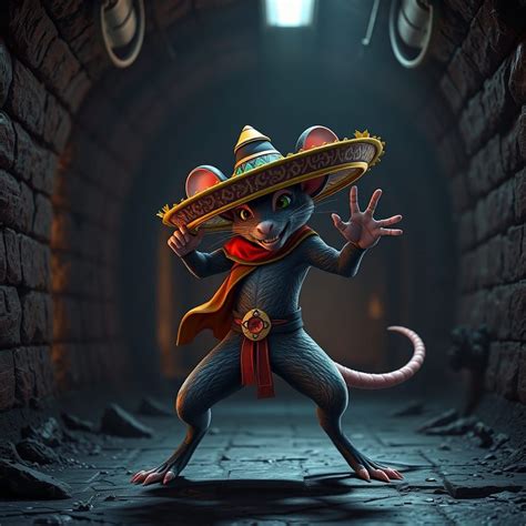 Rat Splinter In A Fighting Pose Wearing A Sombrero In The Sewer