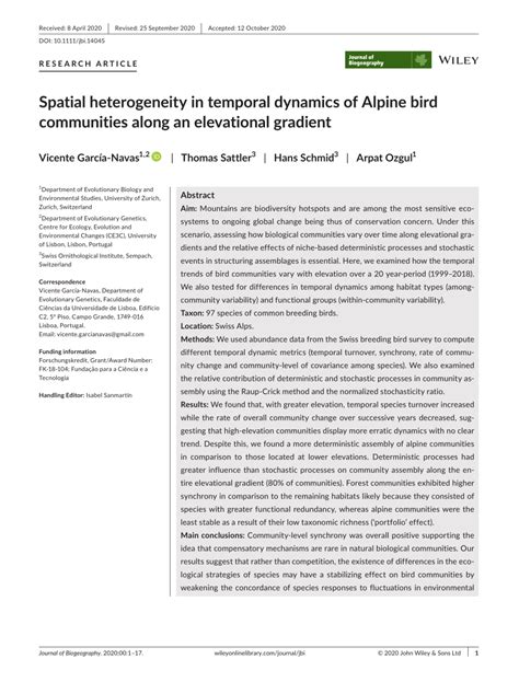 Pdf Spatial Heterogeneity In Temporal Dynamics Of Alpine Bird Communities Along An Elevational