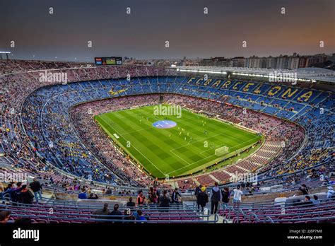 Panoramic View Of The Camp Nou Stadium At Sunset On A Match Day Of The