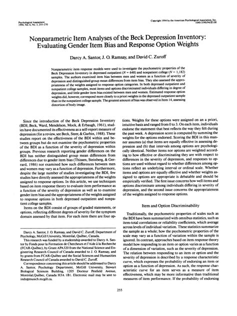 pdf nonparametric item analyses of the beck depression inventory