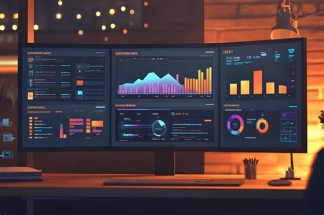 A Desktop Computer With Multiple Data Visualizations On Three Screens Premium Ai Generated Image