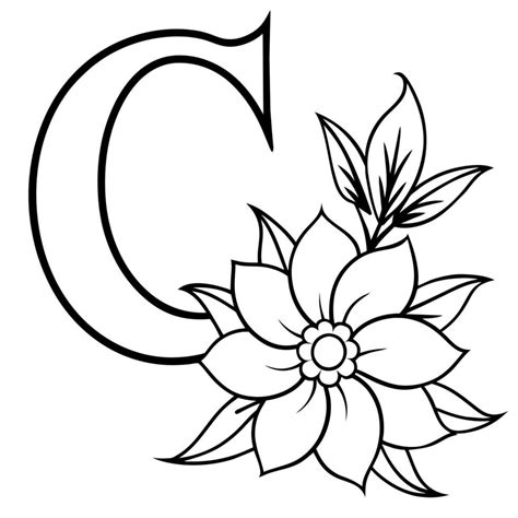 Alphabet C Coloring Page With The Flower C Letter Digital Outline