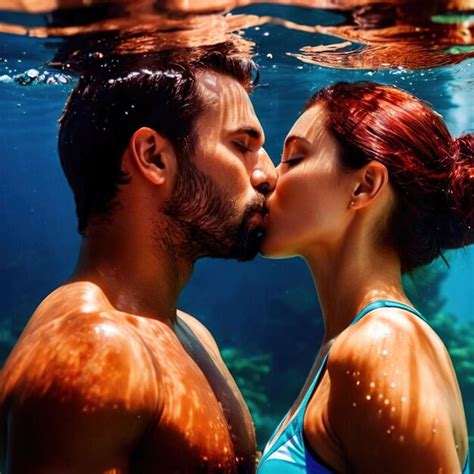 Man And Woman Kissing Underwater Romantic Love Affection While Very Wet