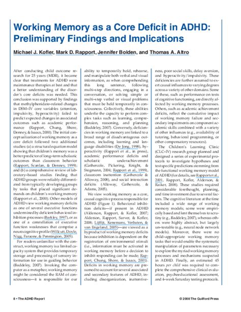 Pdf Working Memory As A Core Deficit In Adhd Preliminary Findings