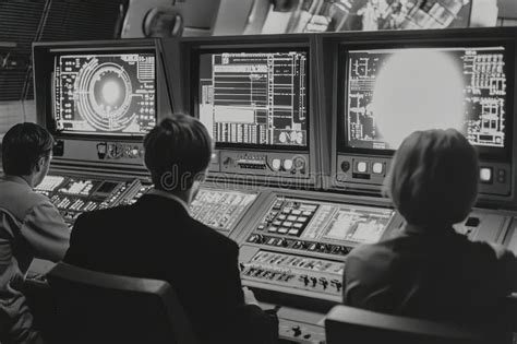 Operators Engaged In High Tech Control Room Monitoring Systems And Data Visualizations In A