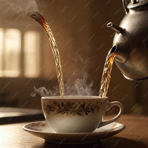 Pouring Hot Tea From A Teapot Into A Cup Steam Is Over The Cupping On