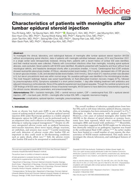 Pdf Characteristics Of Patients With Meningitis After Lumbar Epidural Steroid Injection