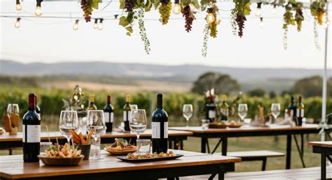 Outdoor Vineyard Wine Tasting Event With Elegant Table Setup And String