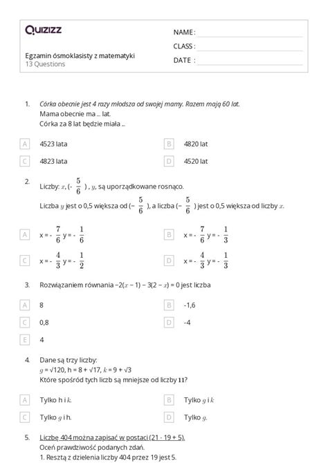 Ponad 50 Zadania Tekstowe Z Matematyki Arkuszy Roboczych Dla Klasa 8