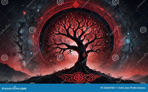 Forest Tree Of Life With Runes In Celtic Red And Black Mythology