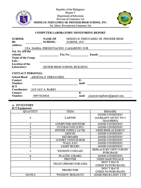 Computer Laboratory Monitoring Report Pdf Office Equipment Computing