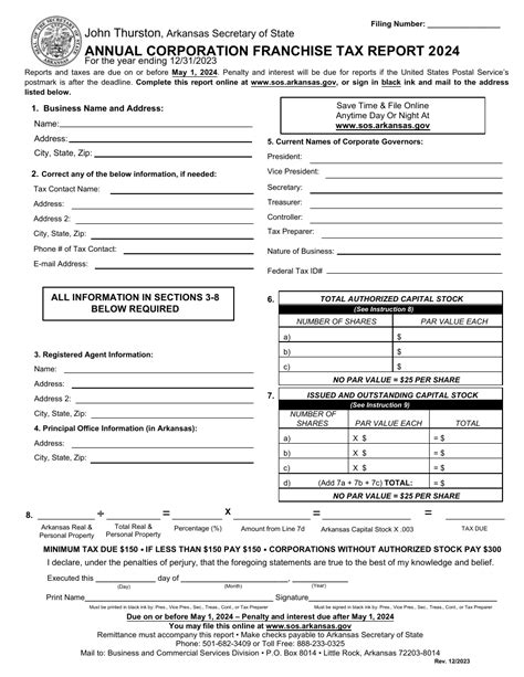 2024 Arkansas Annual Corporation Franchise Tax Report Corporations