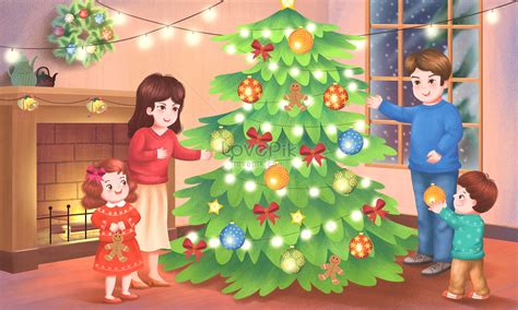 Pinalamutian Ng Pamilya Pasko Ang Christmas Tree Larawannumero Ng