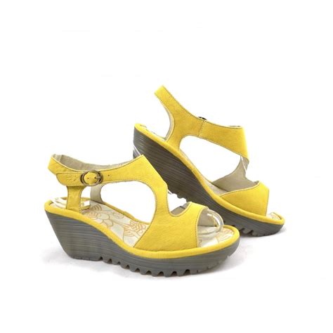 Fly London Yanca Wedge Sandals In Lemon Yellow Nubuck Rubyshoesday