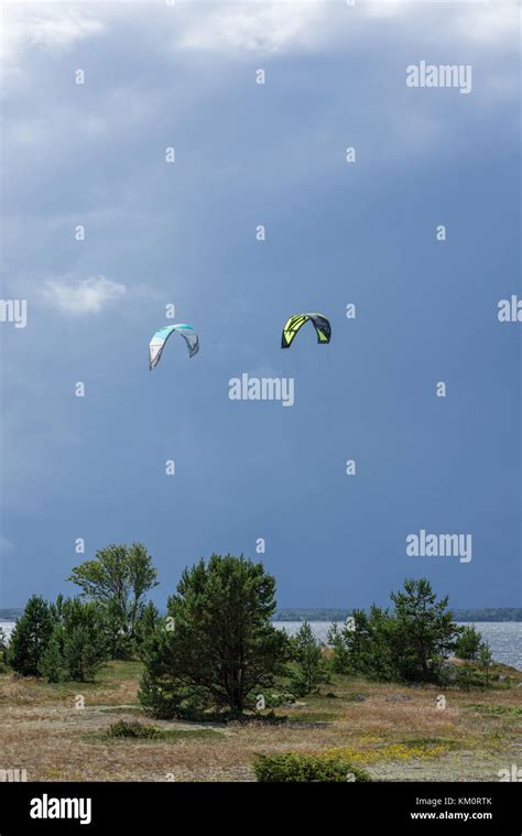 A Kite Surfer Rides On The Sea Kites In The Sky Kite Boarding Extreme Sport On Mohni Small