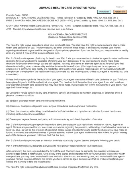 California Advance Healthcare Directive Form Word Free Printable