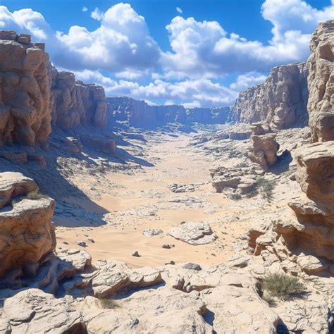 Majestic Rocky Canyon Landscape Shows Sandy Valley Floor Distant