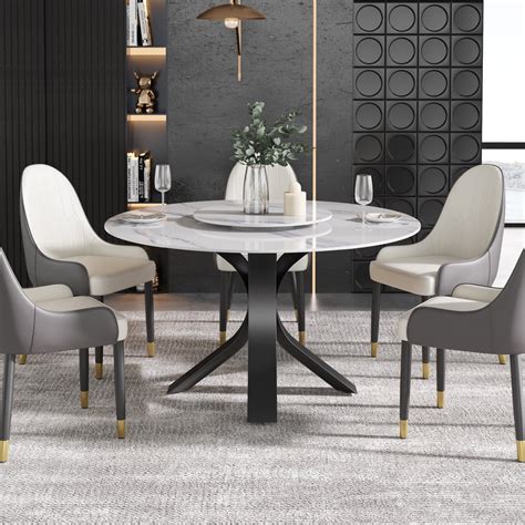 Lovingahome 5323 Round Faux Marble Dining Table Set White Sintered