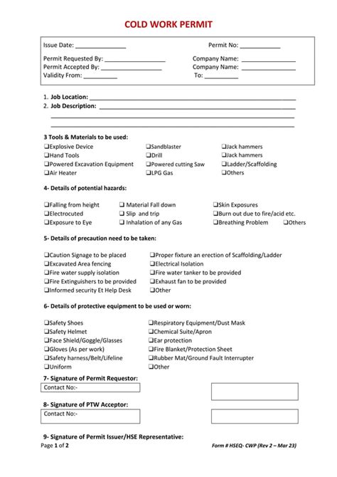 Cold Work Permit Form Hseq Cwp Rev 2 Docx Lung And Respiratory Health Diseases And