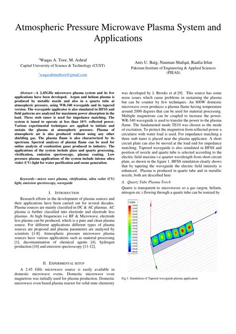 Pdf Atmospheric Pressure Microwave Plasma System And Its Applications