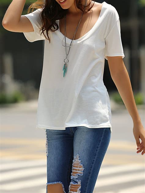 2018 Fashionable Low Cut U Neck Solid Color Short Sleeve T Shirt For