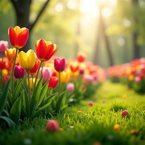 Many Beautiful Tulip Flowers And Green Lawn Growing In Park Spring