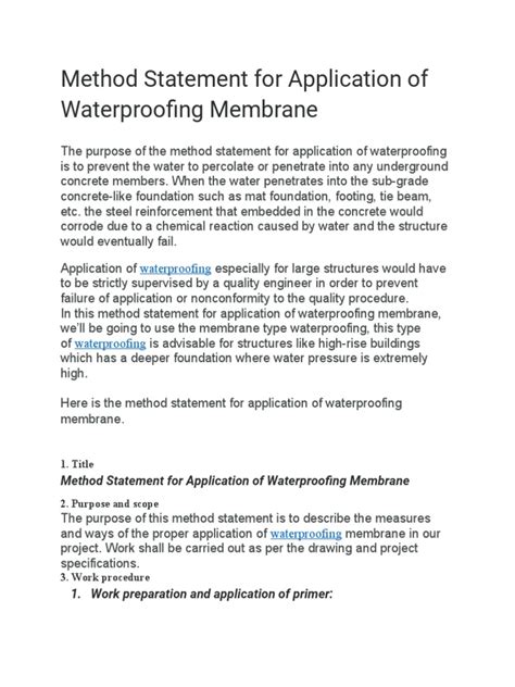 Method Statement For Application Of Waterproofing Membrane Pdf