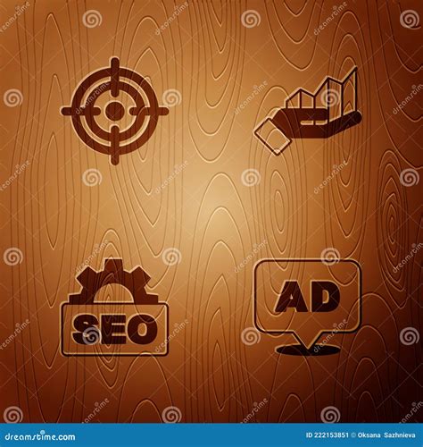 Set Advertising Target Seo Optimization And Pie Chart Infographic On Wooden Background Vector