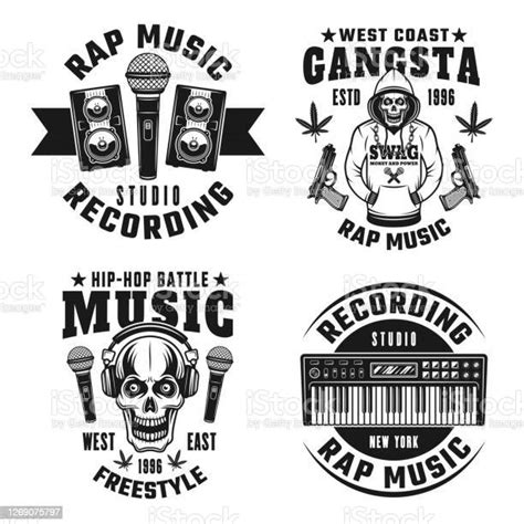흰색 배경에 격리된 4개의 벡터 흑백 엠블럼 라벨 배지 또는 로고의 랩 및 힙합 세트 T 셔츠에 대한 스톡 벡터 아트 및 기타 이미지 T 셔츠 거리 동쪽 Istock