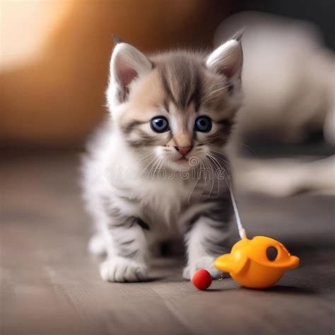 An Adorable Kitten With A Playful Expression Batting At A Toy Mouse